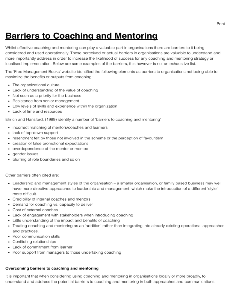 Barriers to Coaching and Mentoring