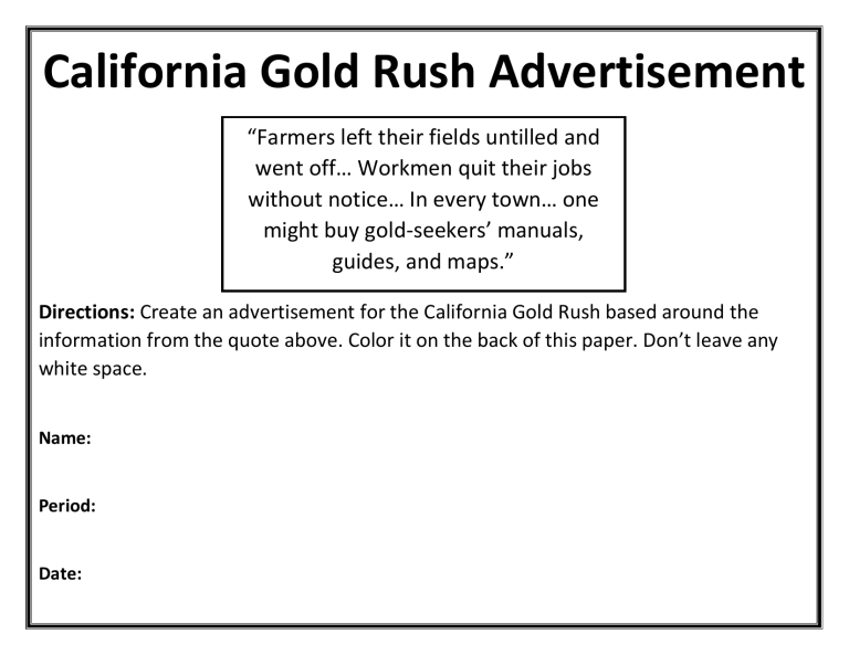 California Gold Rush Advertisement Worksheet