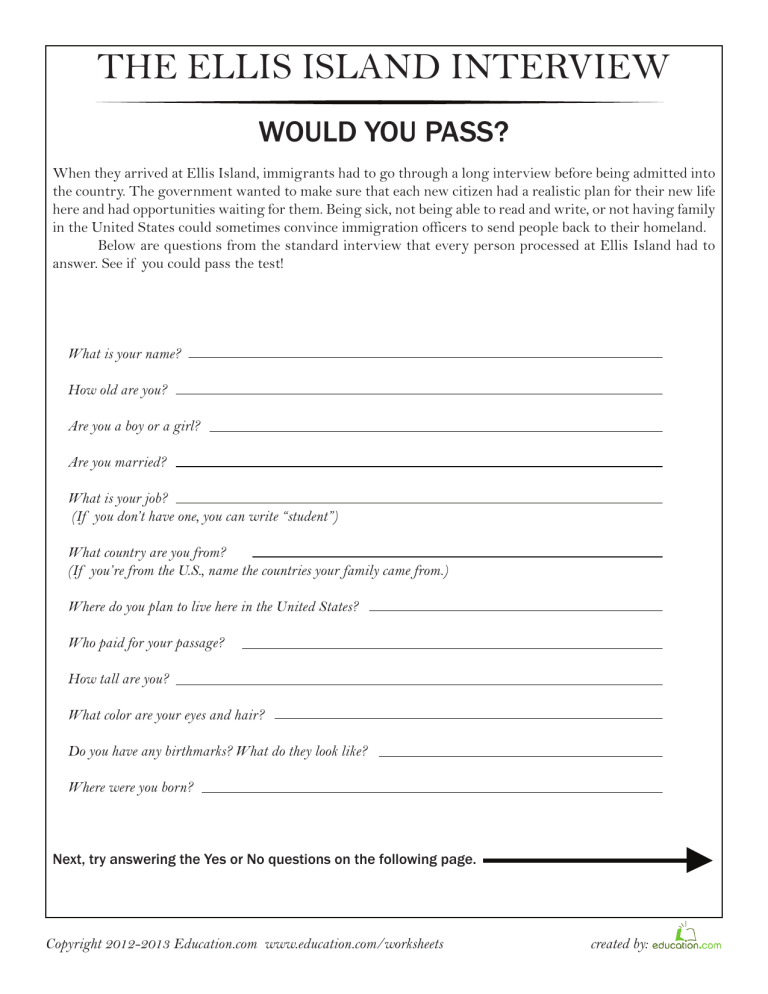 Ellis Island Interview Simulation Worksheet