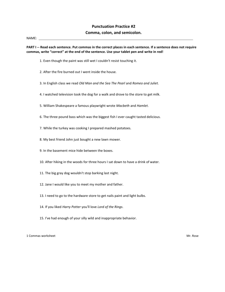 Punctuation Practice Comma- Semicolon