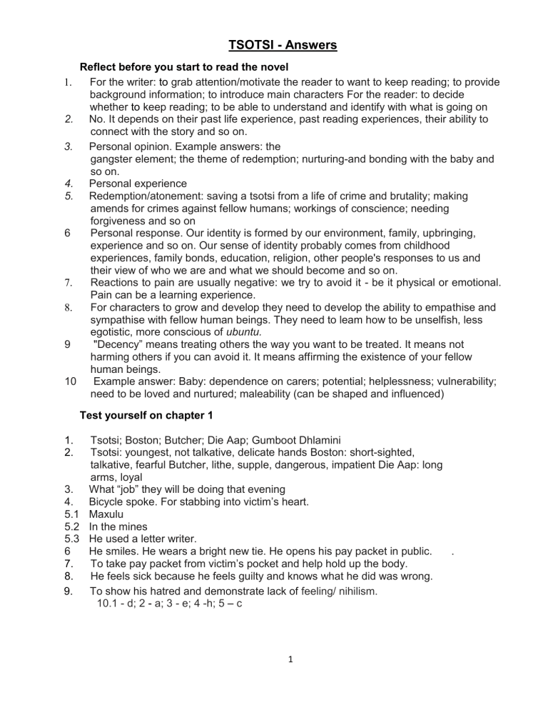 Tsotsi Novel Study Guide Answer Key
