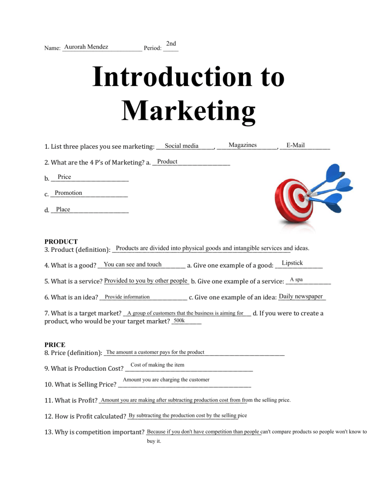 Introduction to Marketing Worksheet: The 4 P's