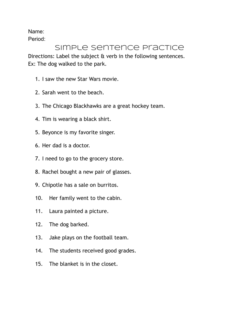 Simple Sentence Practice: Subject & Verb Worksheet