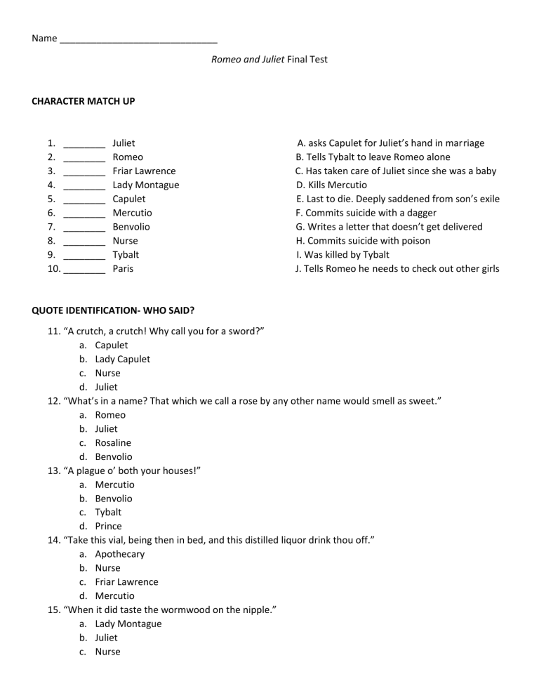 Romeo and Juliet Final Test