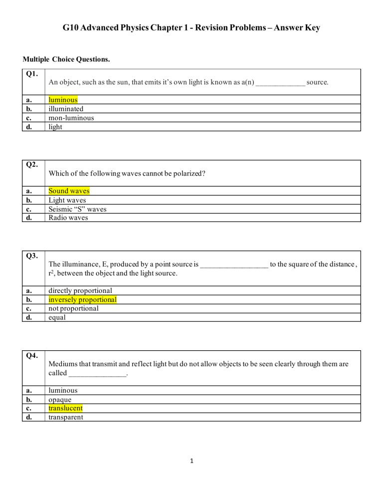 Advanced G10 Physics Revision Materials Chapter 1 AnswerKey