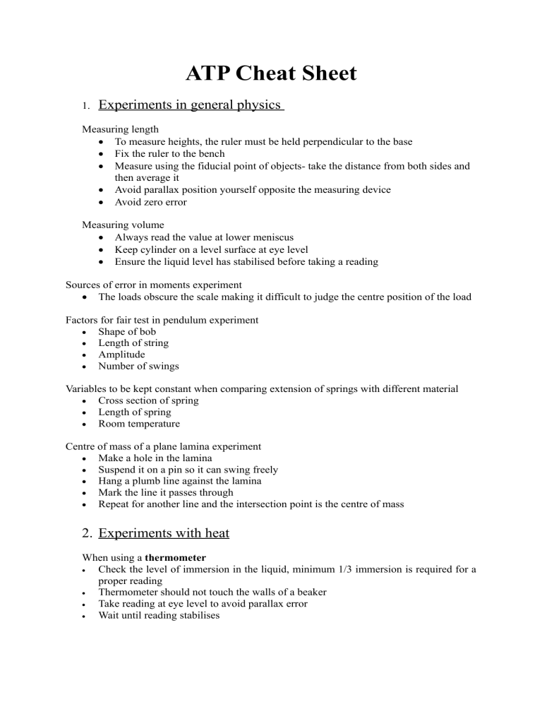 Physics Experiments Cheat Sheet