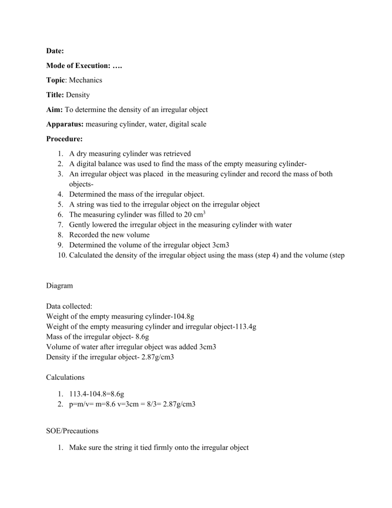 Density of Irregular Object Lab Report