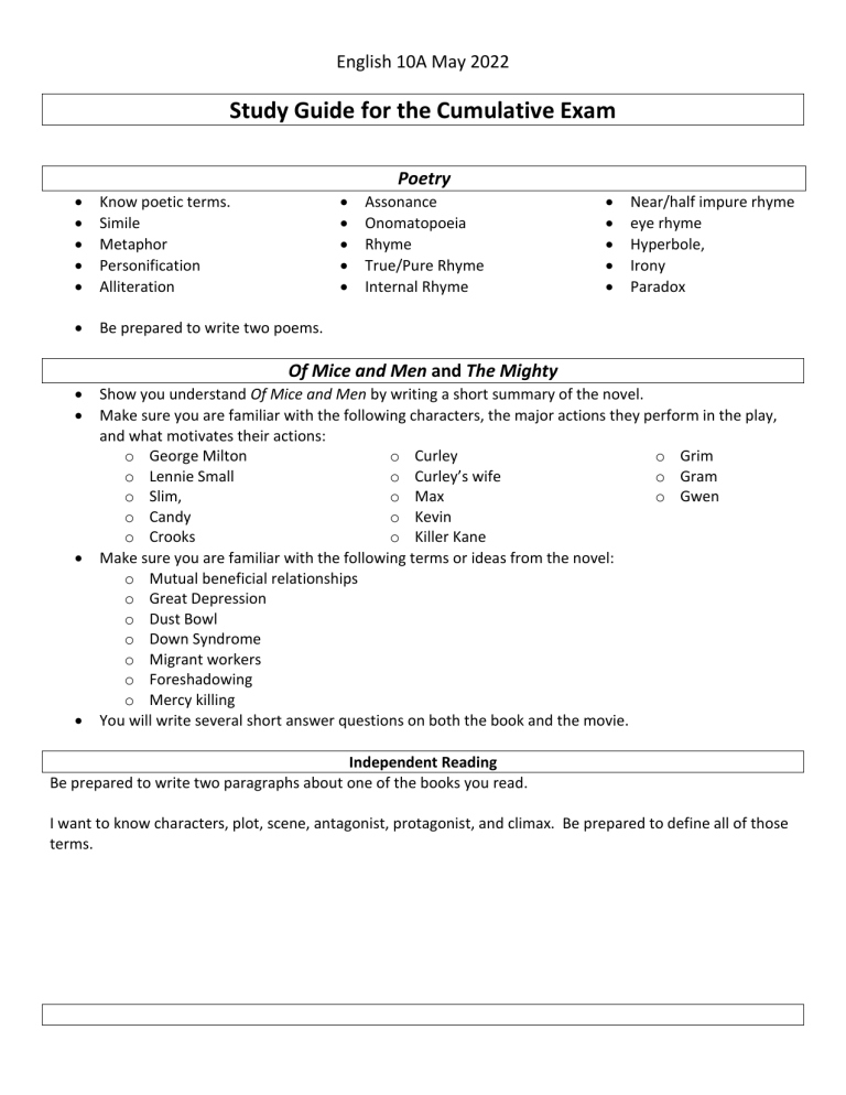 English 10A Study Guide: Poetry & Of Mice and Men