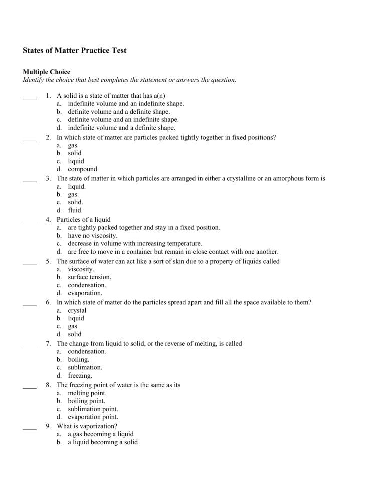 States of Matter Practice Test