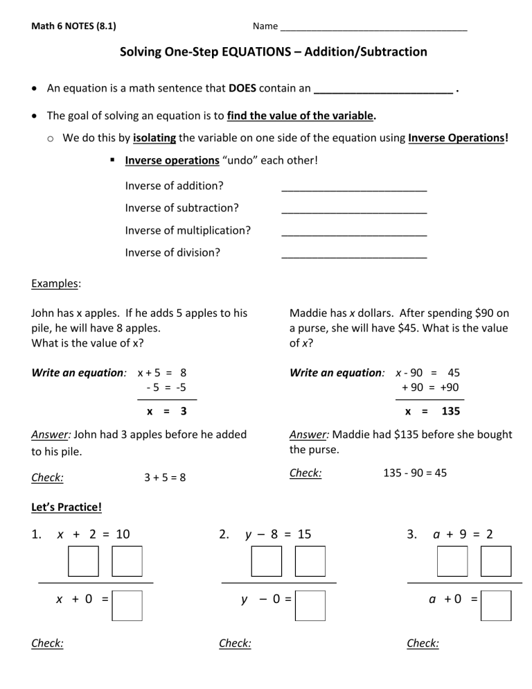 Solving One-Step Equations: Addition & Subtraction - Math 6