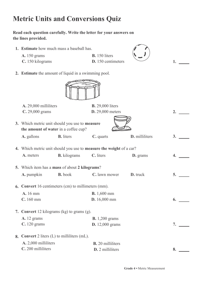 Metric Units and Conversions Quiz for Elementary School