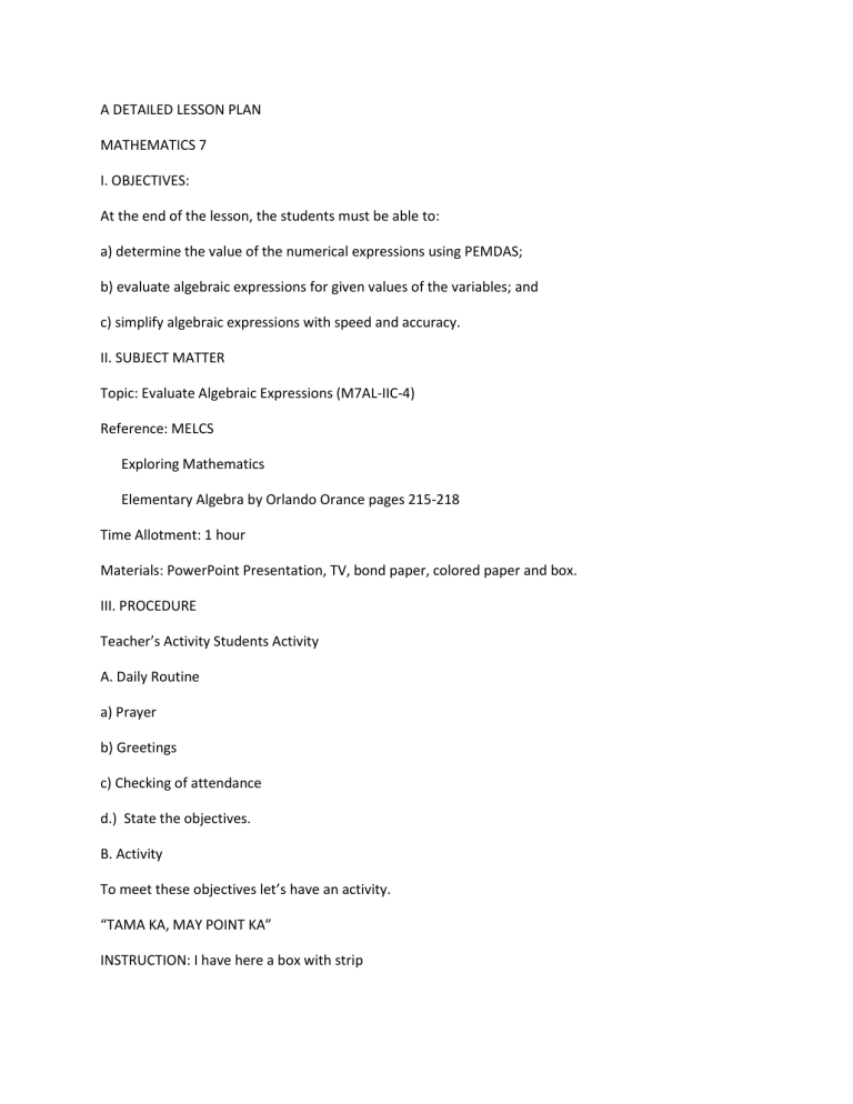 Math 7 Lesson Plan: Evaluating Algebraic Expressions