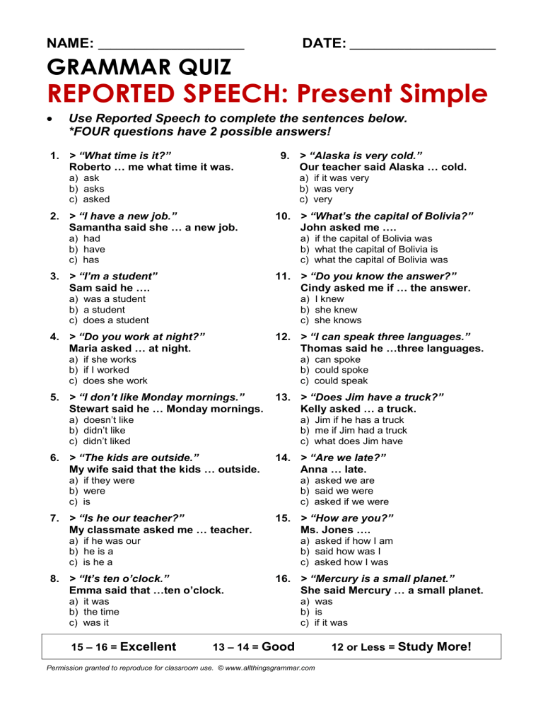 Reported Speech Grammar Quiz: Present Simple