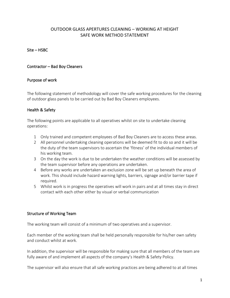 Safe Work Method Statement: Outdoor Glass Cleaning