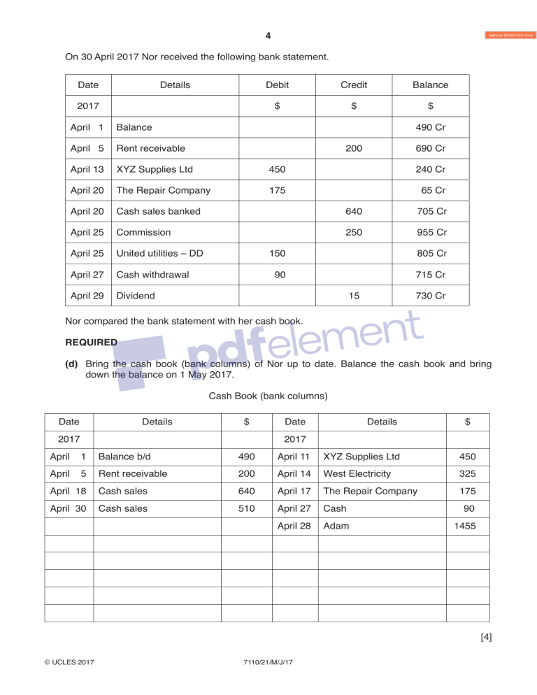 Bank Reconciliation Statements WORKSHEET