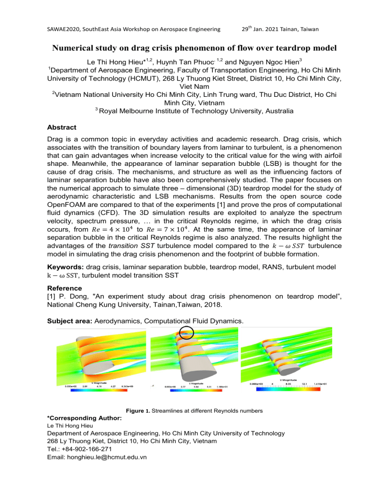 Numerical study of drag crisis phenomena over teardrop body