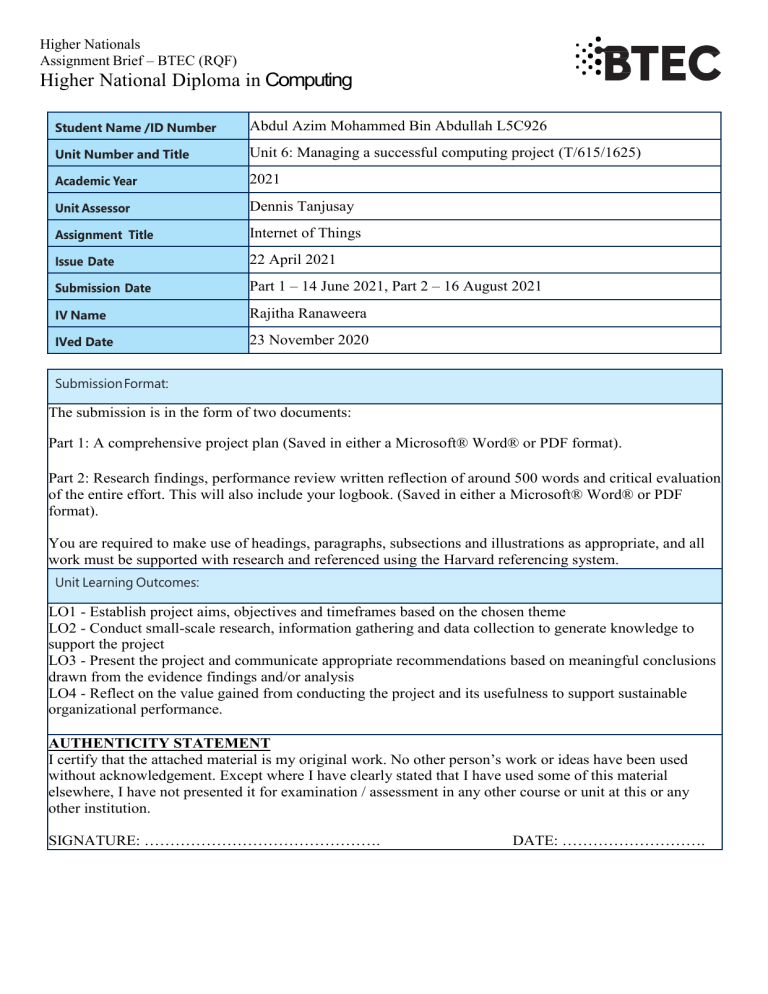 IoT Project Assignment Brief - Computing Diploma