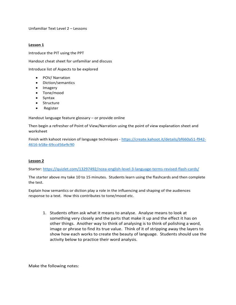 Unfamiliar Text Level 2 - lesson sequence