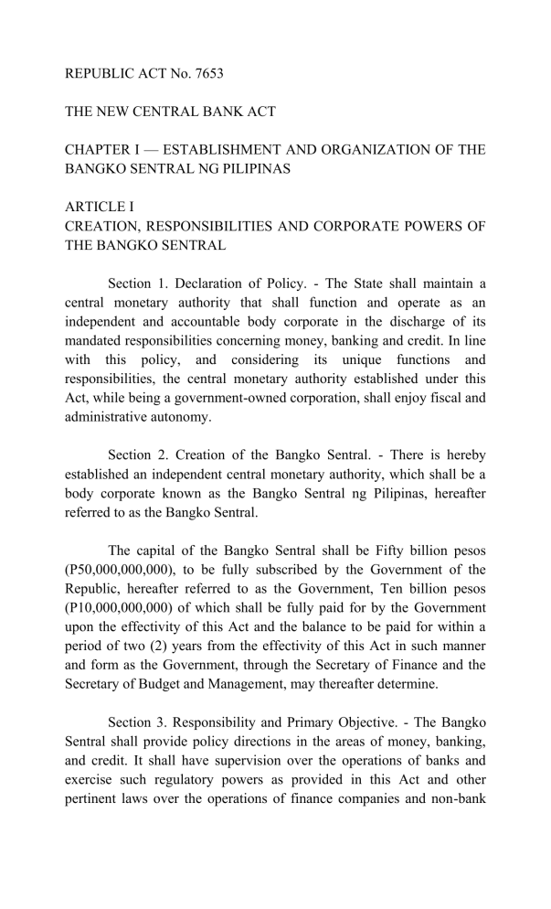 The New Central Bank Act R.A. 7653 Basics Commercial Law