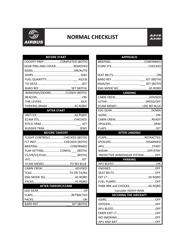 Airbus A319/A320 Normal Checklist