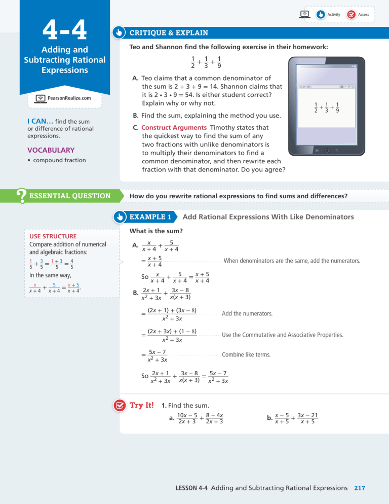 3-4 Adding and Subtracting Rational Expressions