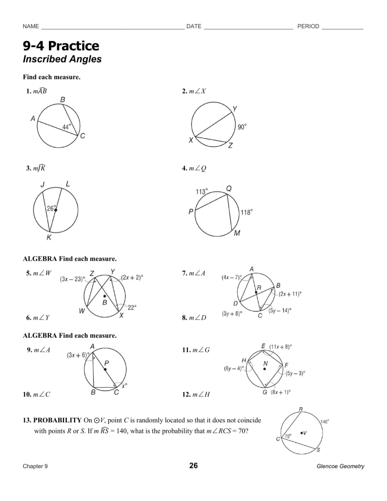 Inscribed Angles Practice Worksheet