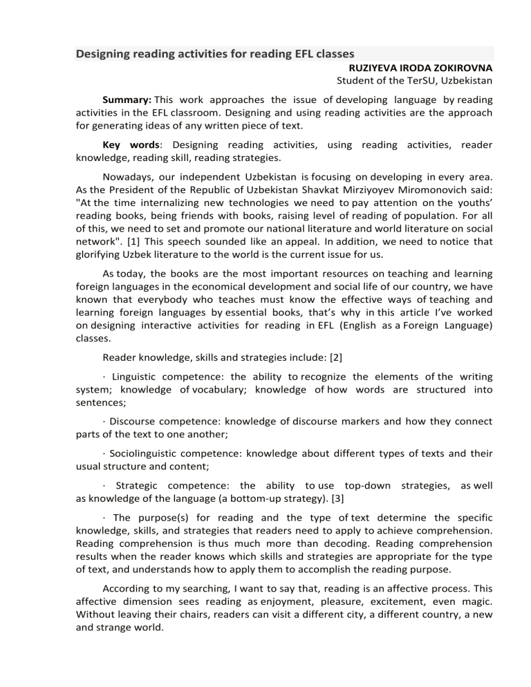 Designing reading activities for reading EFL classes