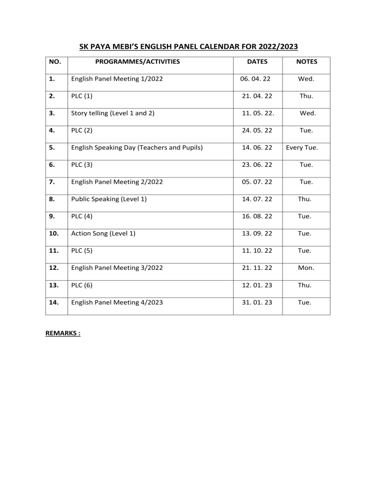 English Panel Calendar