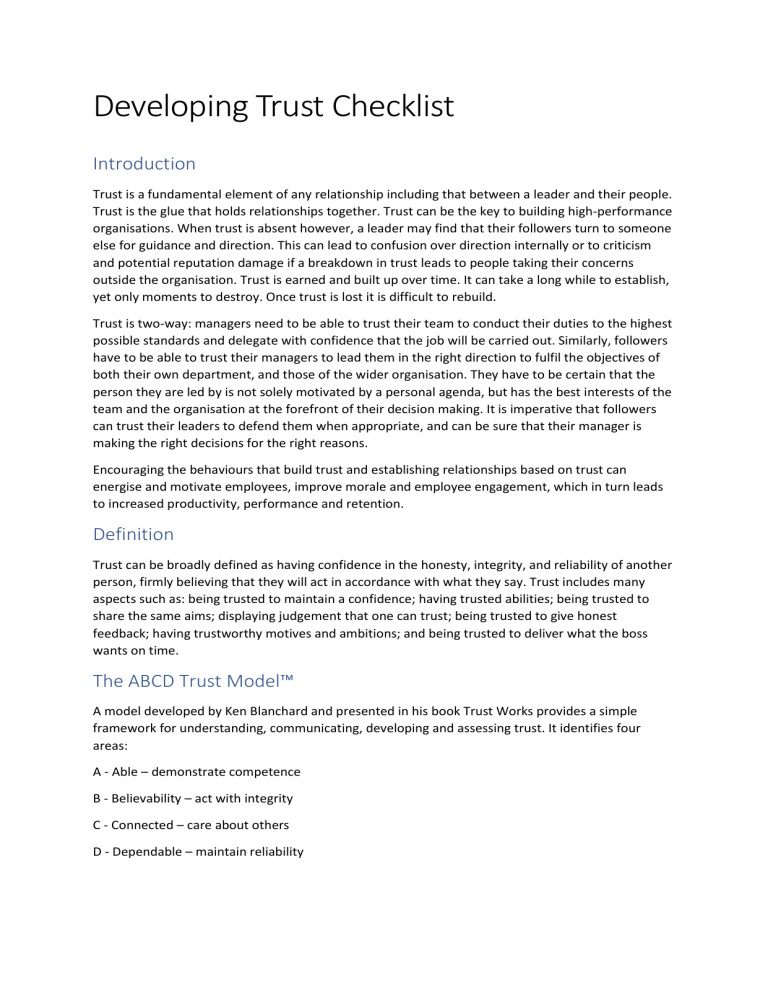 Developing Trust Checklist Reading Material