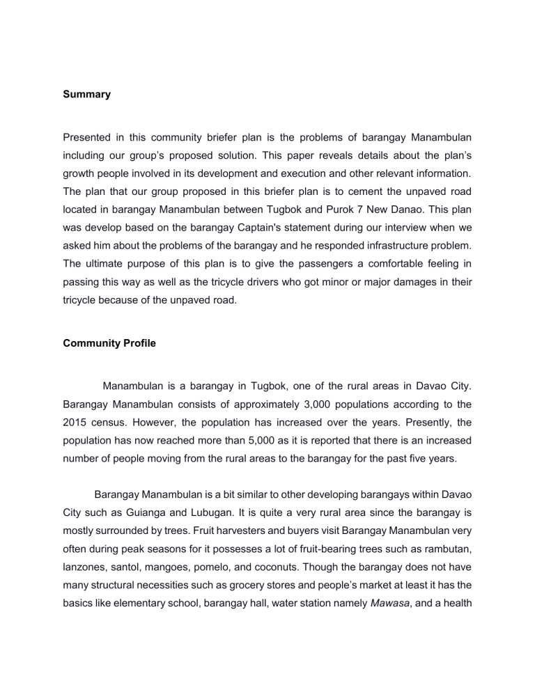Barangay Manambulan Community Briefer Plan: Road Improvement