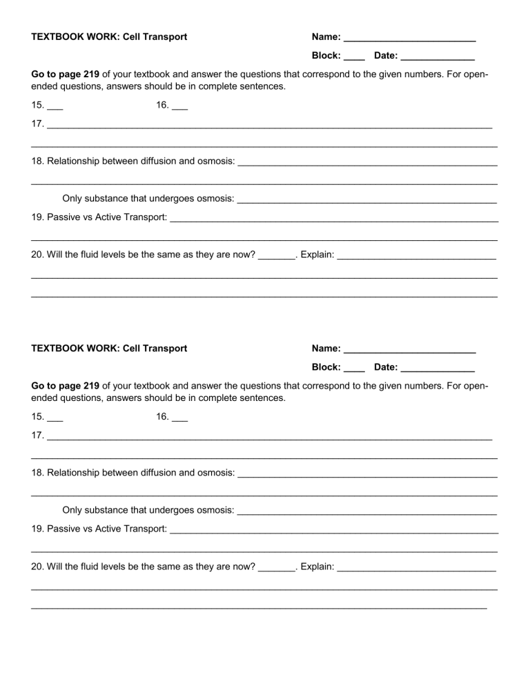 Cell Transport Worksheet