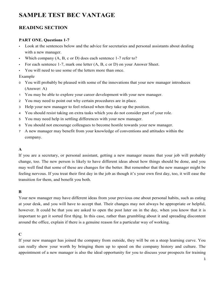 BEC VANTAGE Sample test Reading