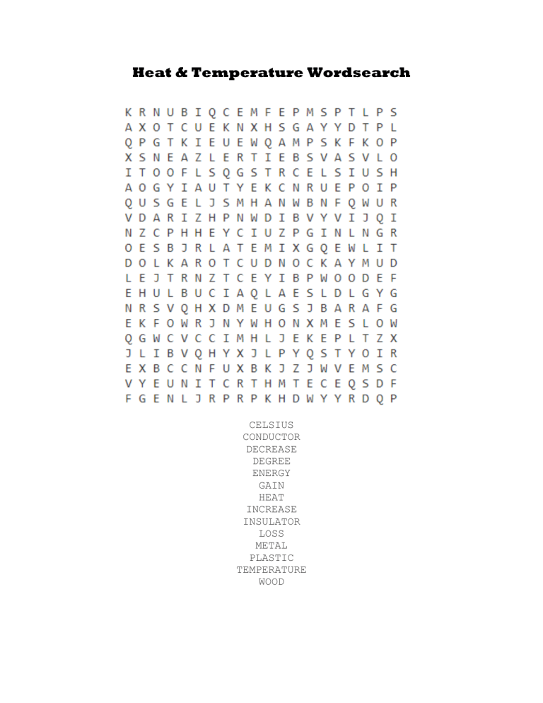 Heat & Temperature Wordsearch