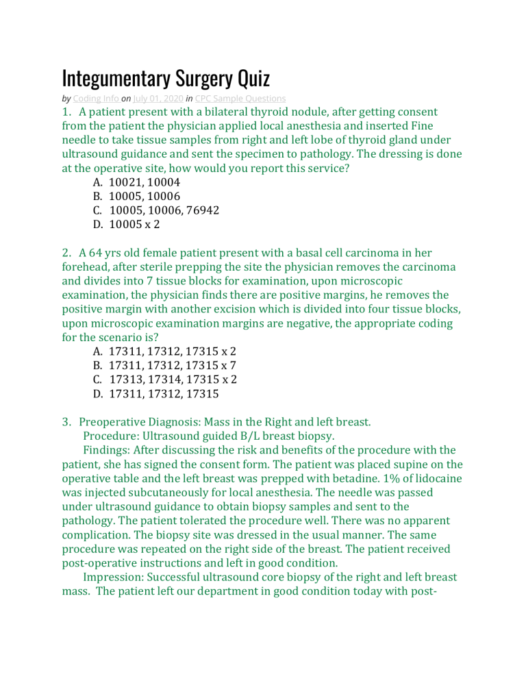 Integumentary Surgery Quiz: Medical Coding Practice
