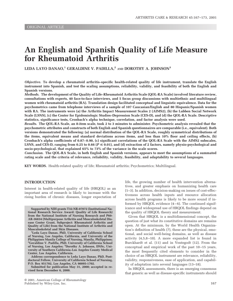 An English and Spanish Quality of Life Measure for Rheumatoid Arthritis