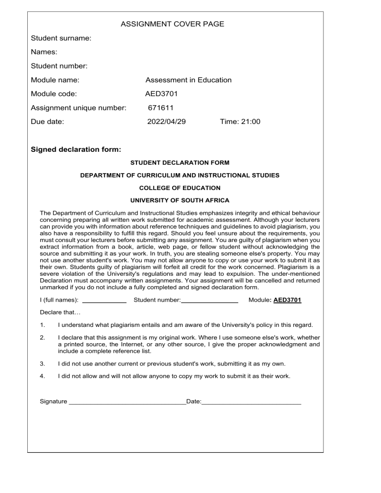 Assignment Cover Page & Declaration Form - AED3701