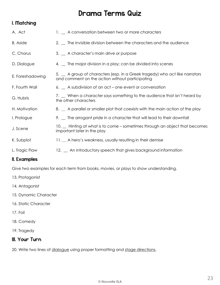 Drama Terms Quiz Worksheet