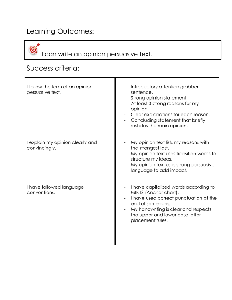 Opinion Persuasive Text Learning Outcomes & Criteria