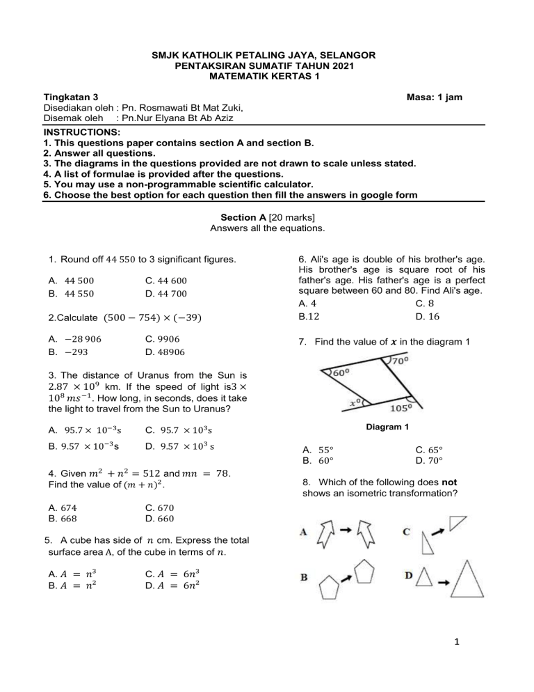 Form 3 Mathematics Exam Paper 2021