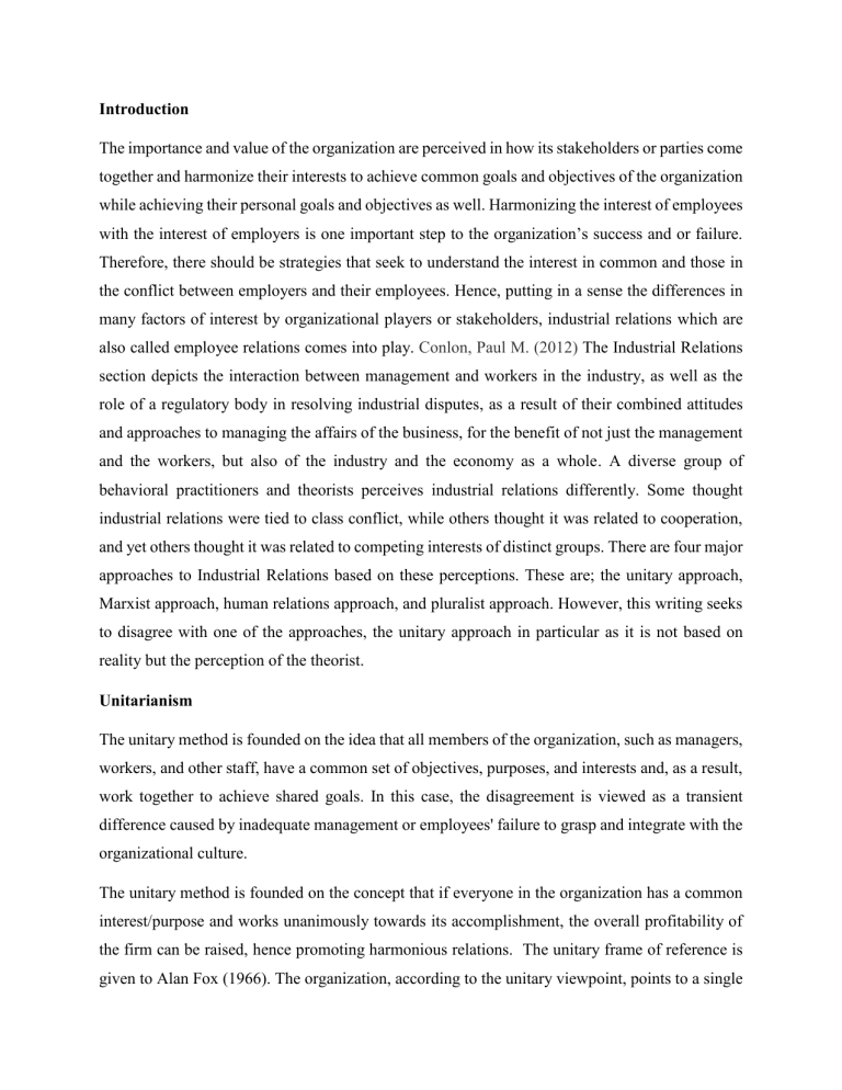 Critique of Unitary Approach in Industrial Relations