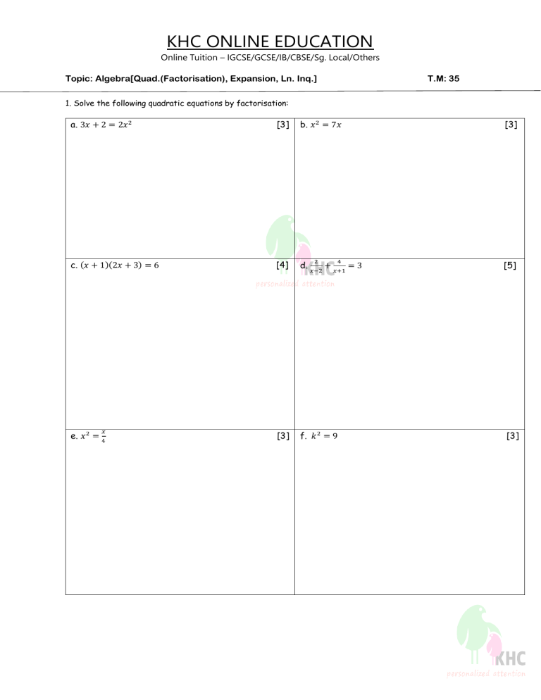 Algebra Worksheet: Quadratics, Expansion, Inequalities