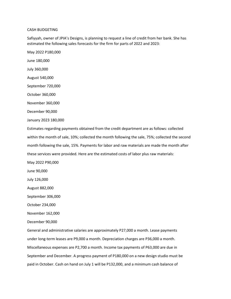 Cash Budgeting for JPIA's Designs