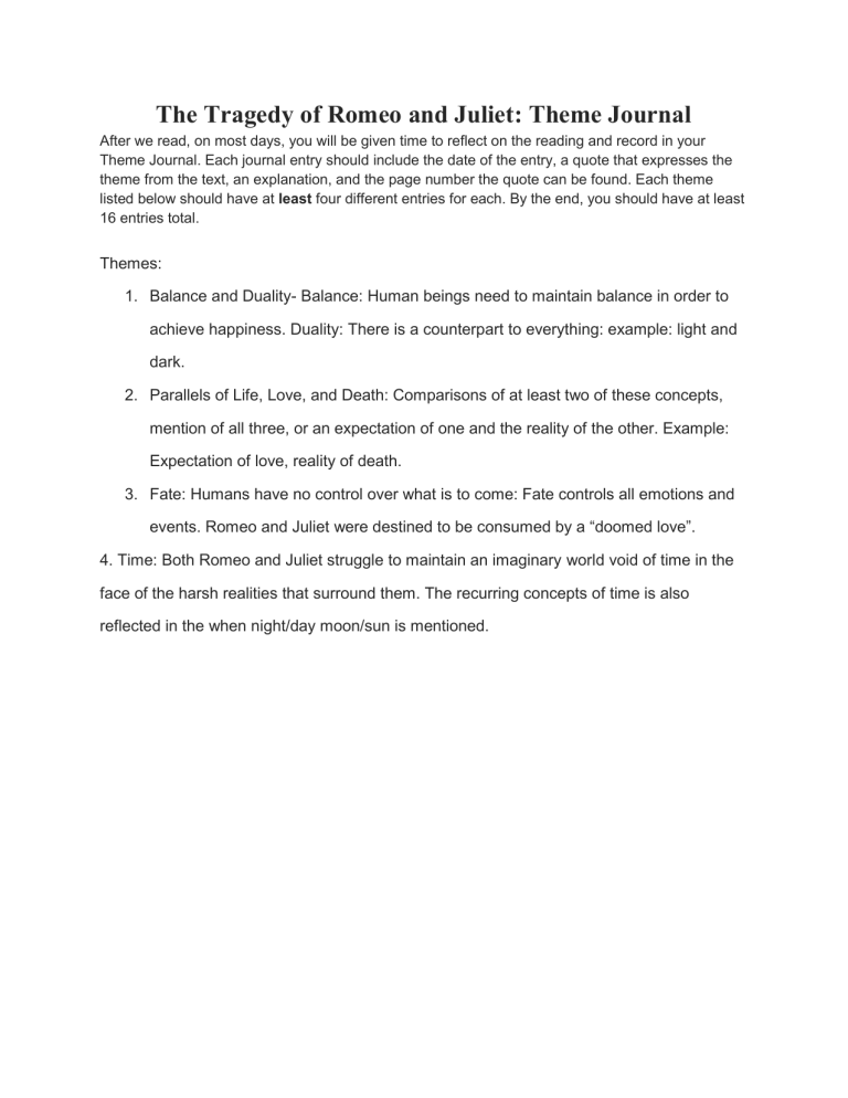 Romeo and Juliet Theme Journal Assignment