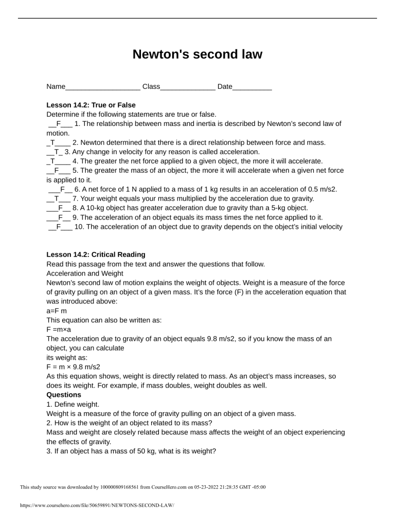 Newton's Second Law Worksheet: Force, Mass, Acceleration