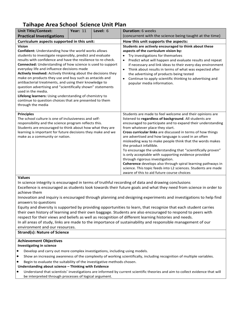 L1 practical Investigation Unit Plan