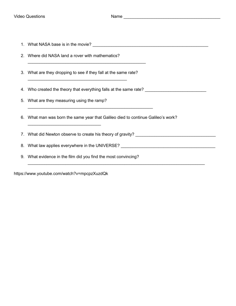 Physics Video Worksheet: Gravity & NASA