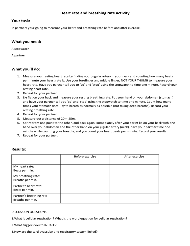 Heart & Breathing Rate Activity Worksheet