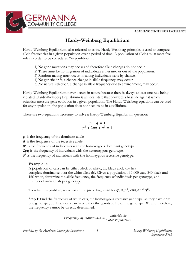 Hardy-Weinberg Equilibrium Worksheet