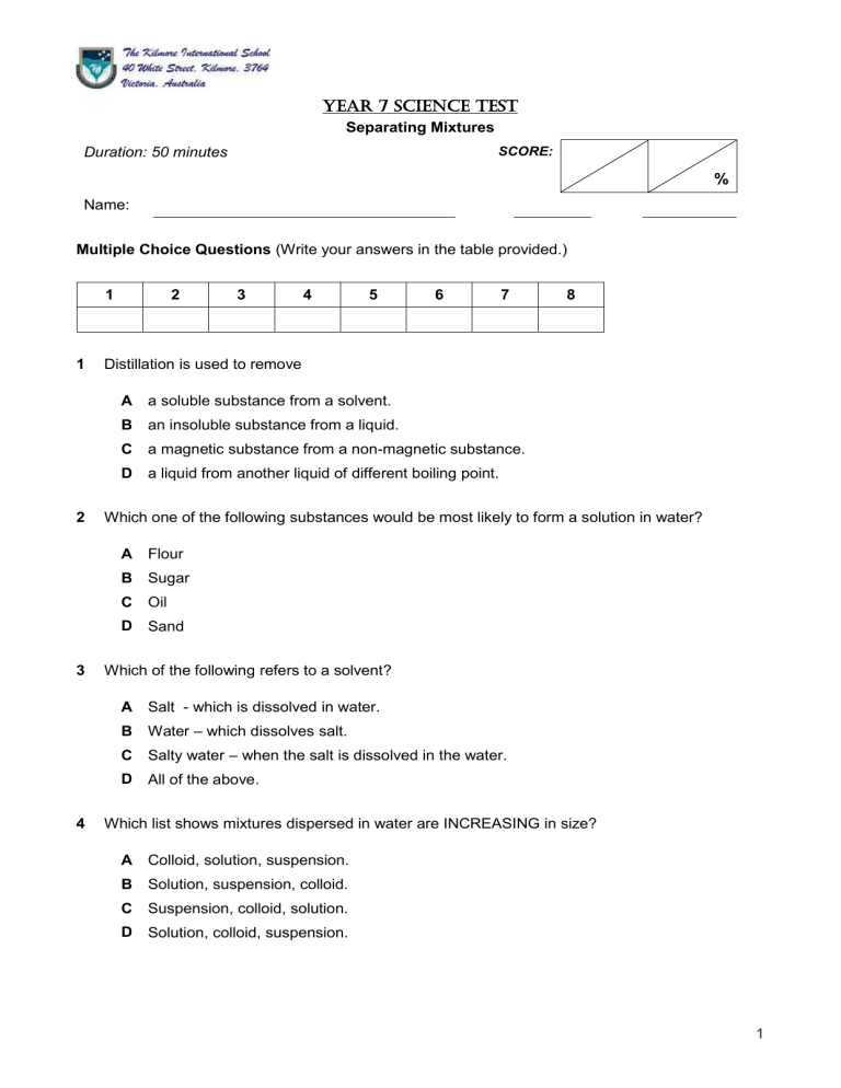 Year 7 Science Test: Separating Mixtures