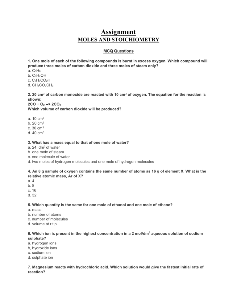 Moles and Stoichiometry: MCQ Assignment